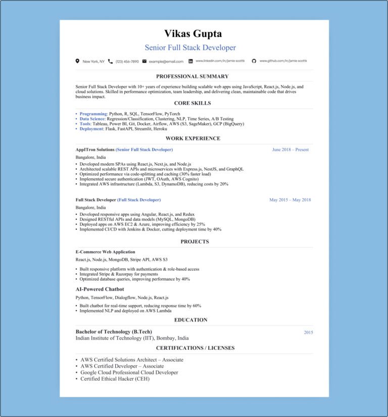 Senior Full Stack Developer Resume Template - LFR Builder